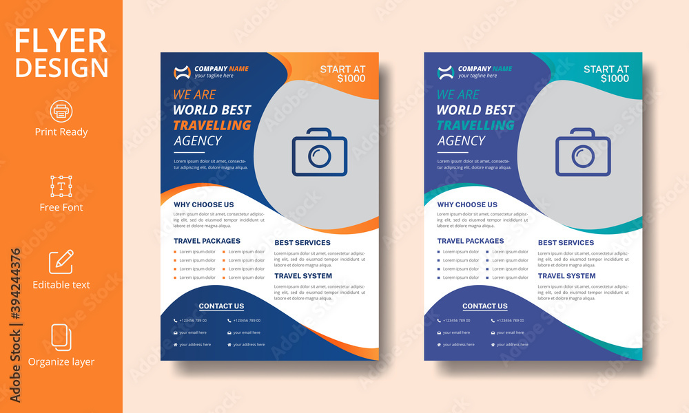 Creative Travel Agency Flyer or Poster | Orange and Blue Leaflet design ...