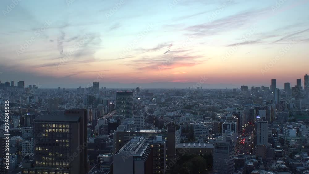 TOKYO, JAPAN : Aerial high angle sunrise CITYSCAPE of TOKYO. View of ...