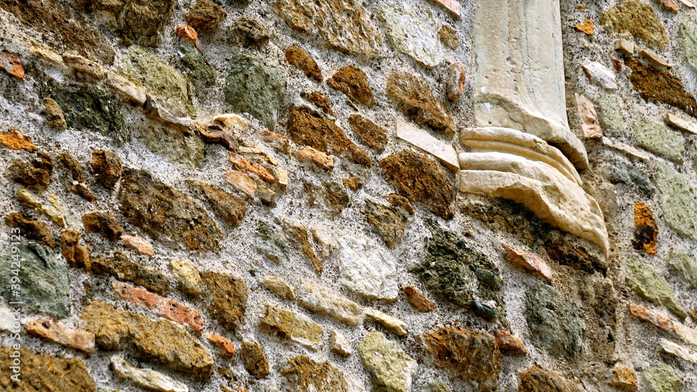Overview of typical Roman brick and mortar wall in the morning sun ...