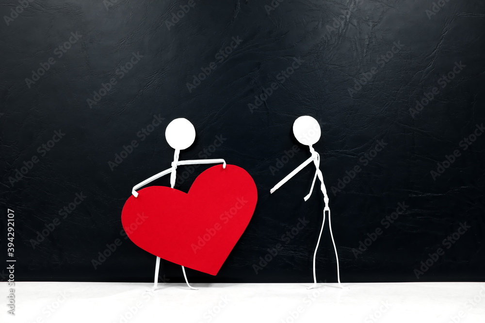 Stick man holding big red heart shape while giving to other people ...