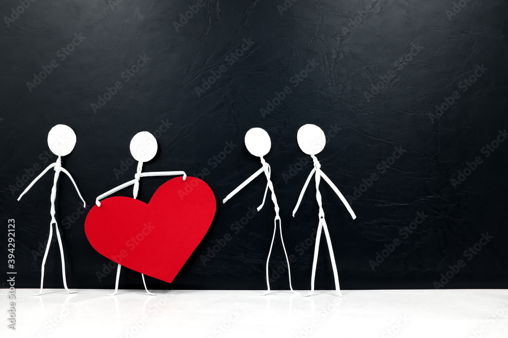 Stick man holding big red heart shape while giving to other people ...