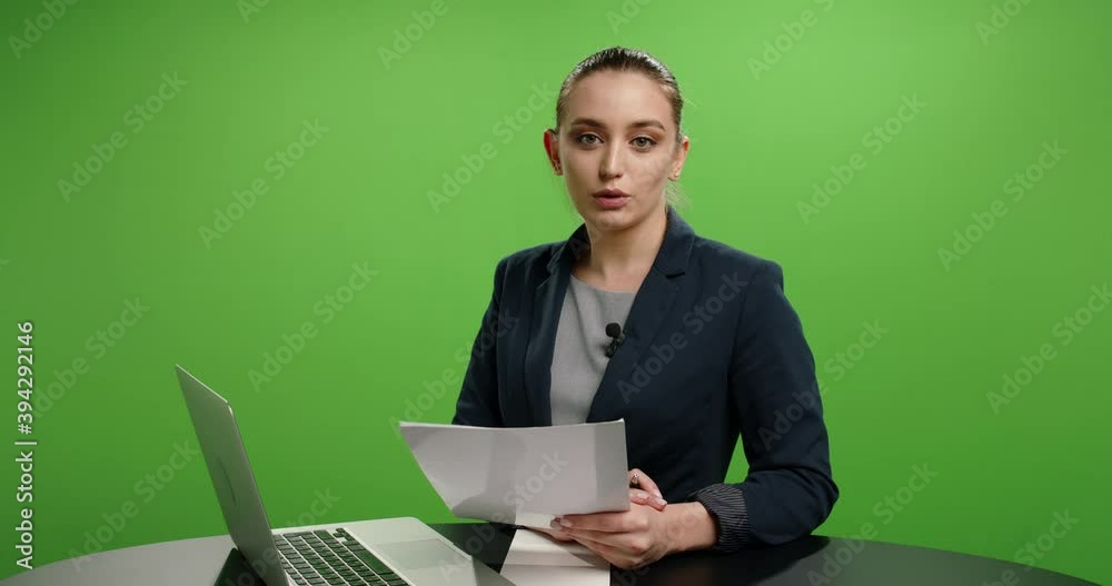 Female television anchor frustrated with nonsense script, standing up ...