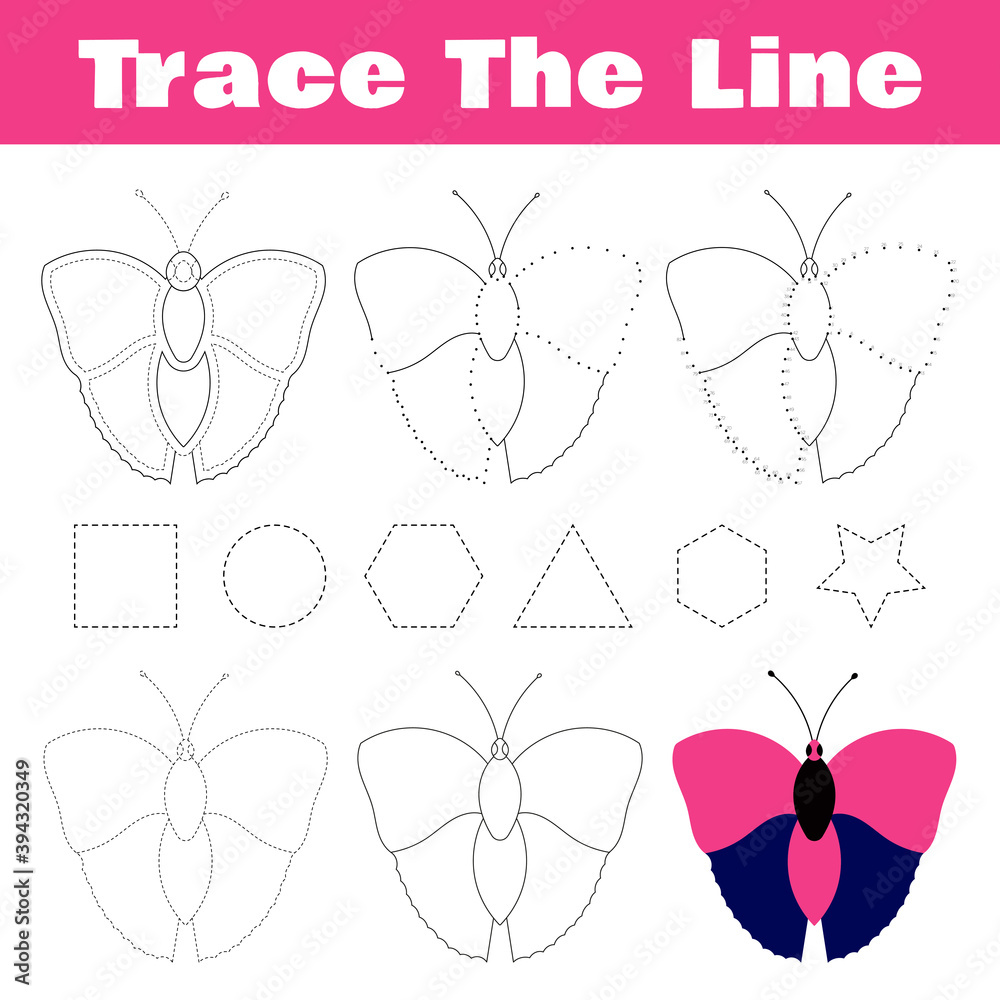 Trace the line worksheet. Learning tracing with butterfly. Stock Vector ...