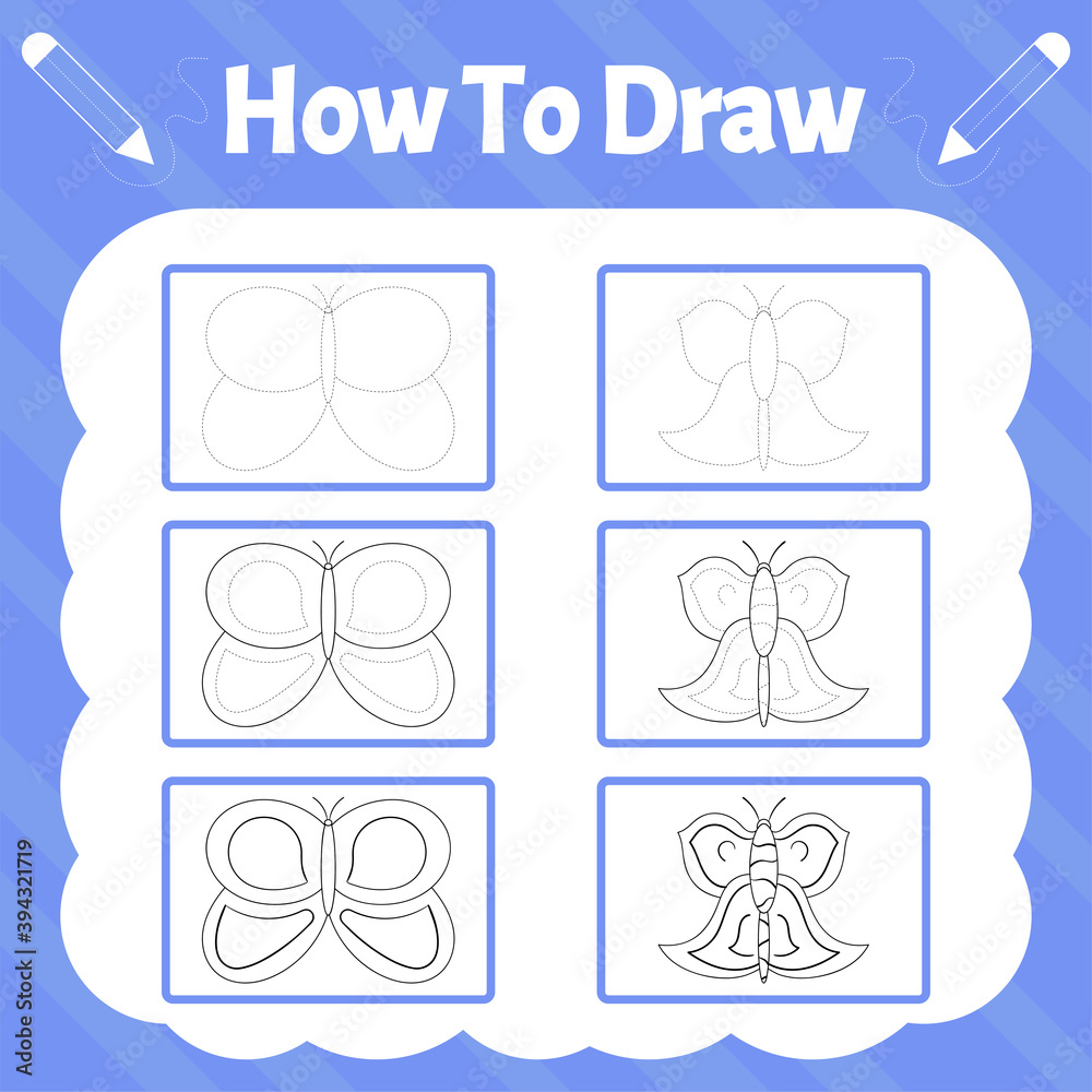 How to draw butterfly. Practicing butterfly drawing worksheet. Stock ...