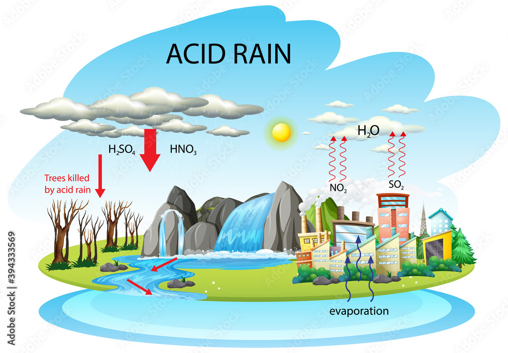 Diagram showing acid rain pathway on white background Stock Vector ...