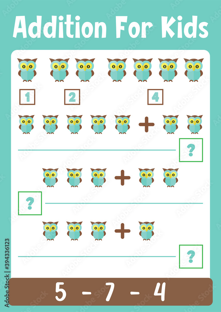 Addition worksheet for kids. Learn addition with owl bird printable ...