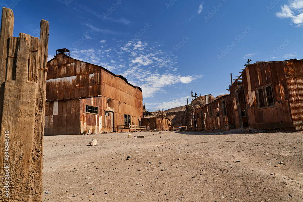 collapsed building with corrugated tin walls of an old saltpeter mining ...