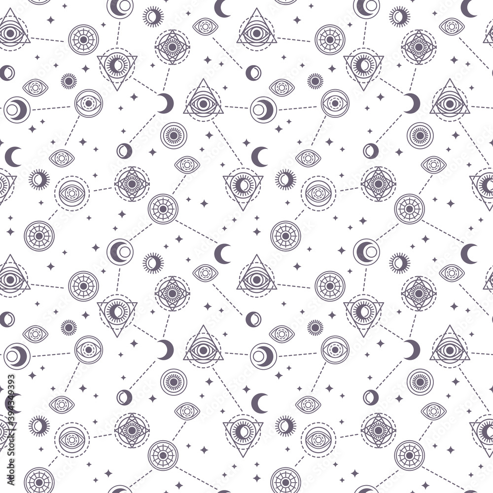 Seamless Pattern with Sacred Geometry Forms - Eye, Moon and Sun. Vector ...