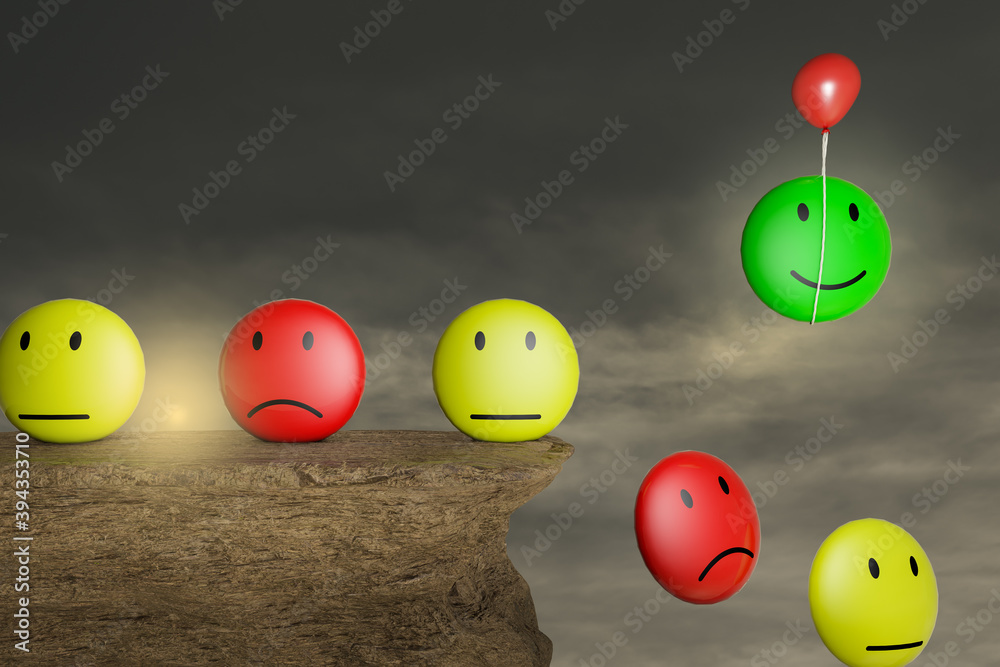 Emoji emotions on a stone cliff with a red balloon help to escape one ...