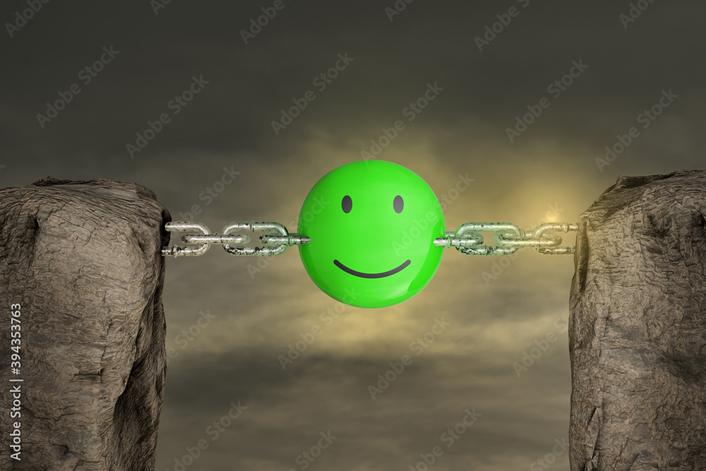 Two mountains connected with a chain by green smiling emoticon happy in ...