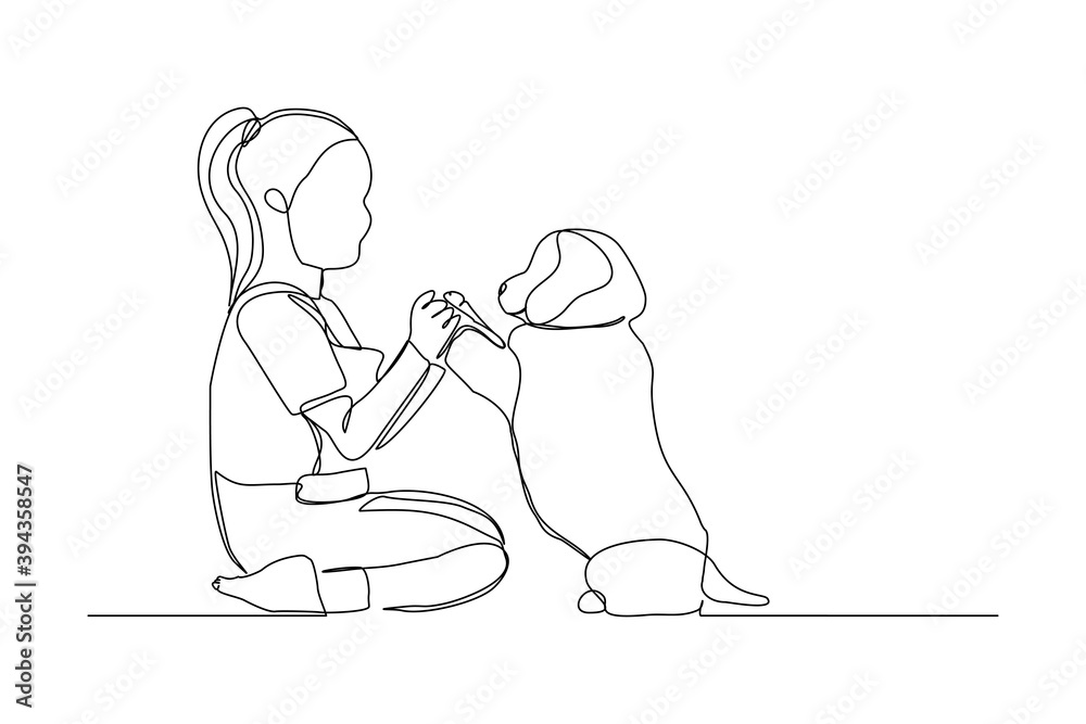 Continuous line drawing of happy little girl playing with dog pet. One ...