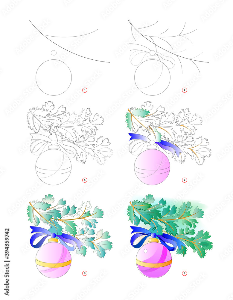 Page shows how to learn to draw sketch of the ball on the Christmas ...