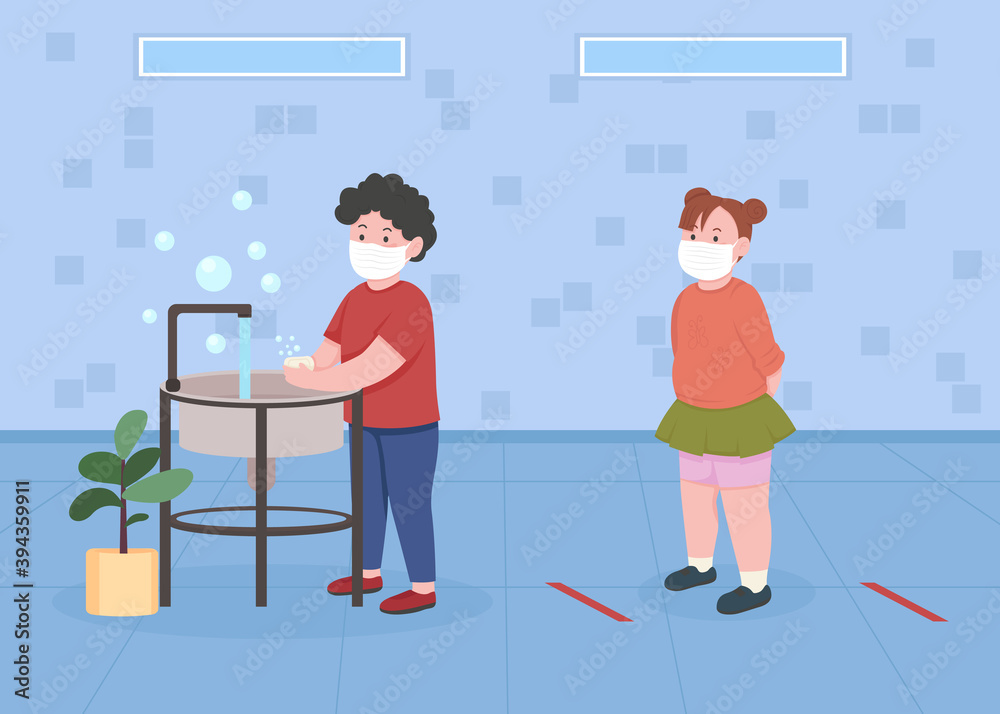 Children in bathroom with social distance flat color vector ...