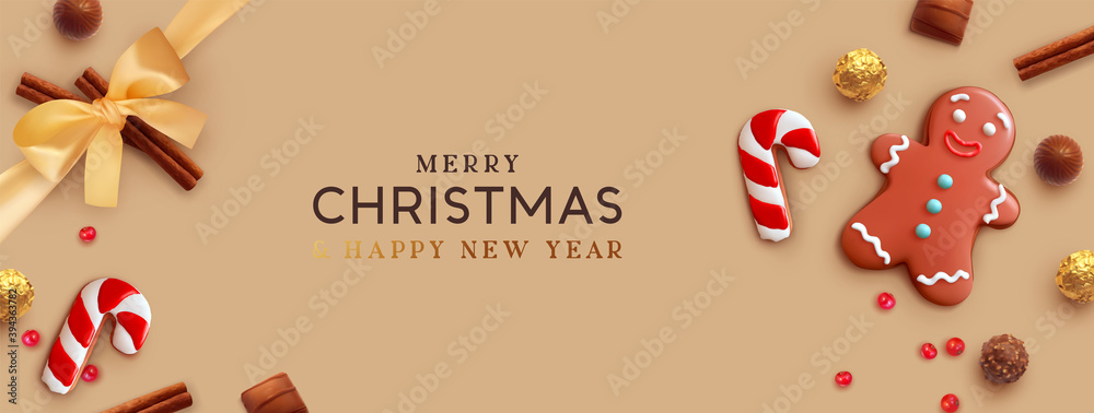Christmas banner. Background Xmas design of realistic sweet edible ...
