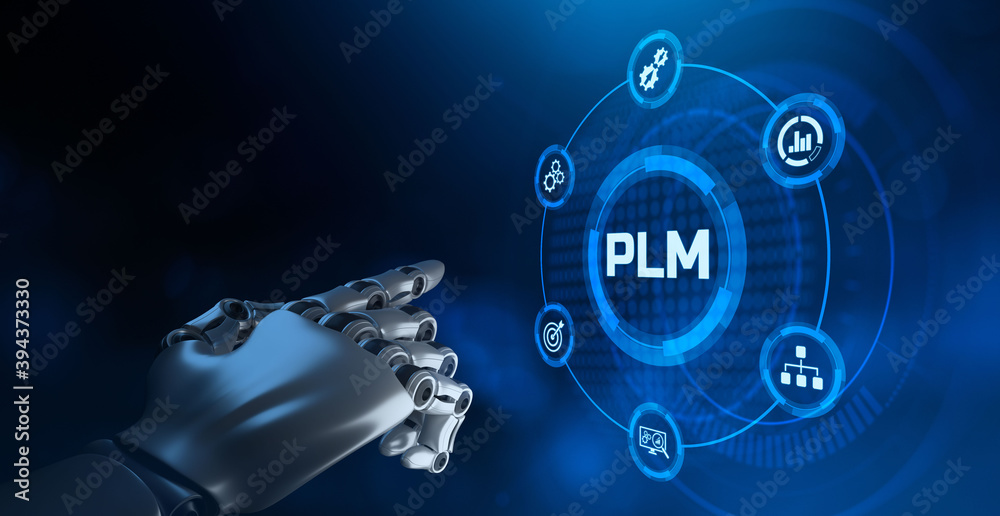 PLM Product lifecycle management system technology concept. Robotic arm ...