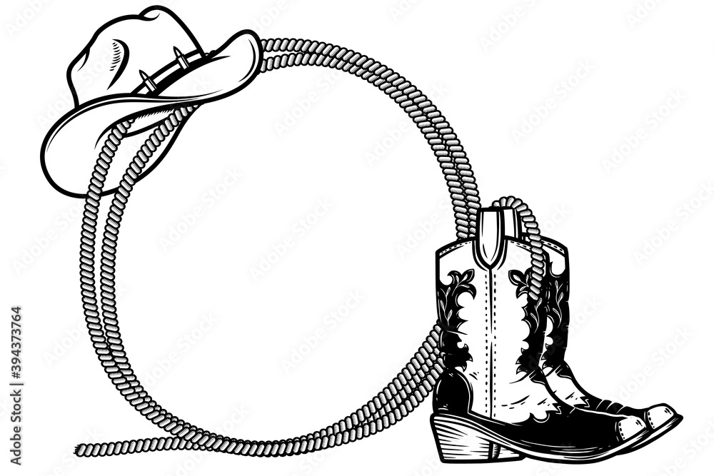 Frame from rope with cowboy boots and hat in engraving style. Design ...
