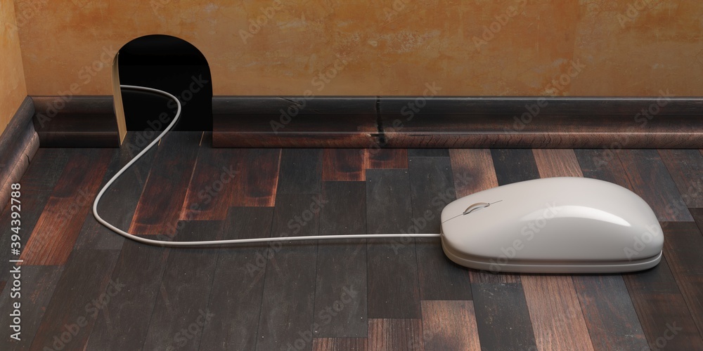 Computer mouse white color with cord in mouse house hole on wall ...