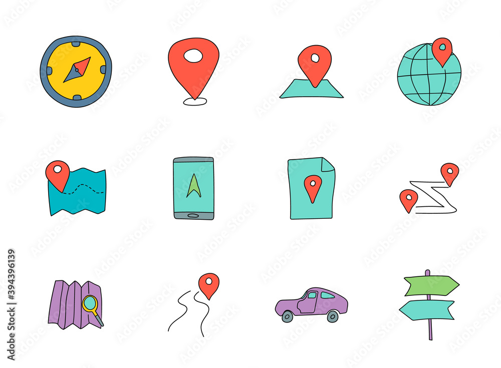 navigation doodles isolated on white. navigation icon set for web ...