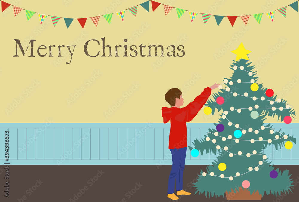 Boy decorating the Christmas tree, vector illustration, web header ...