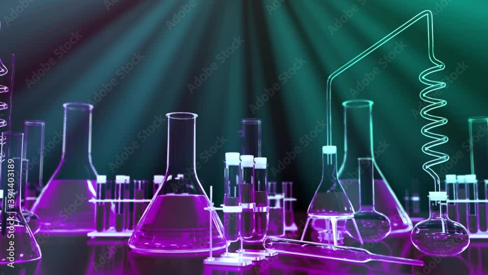 Test tubes and other lab glassware scroll seamless loop on colorful ...