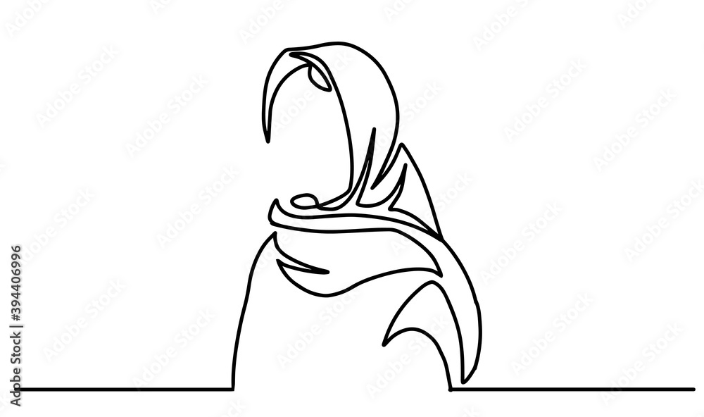 One line drawing of women wearing hijab scarf. One line drawing of ...