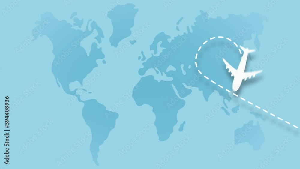Video animation with white plane flying on the world's map leaving a ...