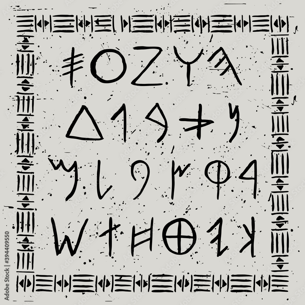 Vector Phoenician alphabet. Ancient runes in watercolor drawing style ...