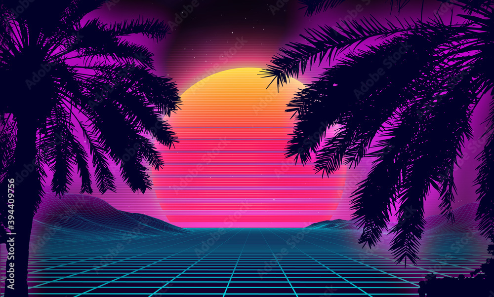 3d sunset on the beach. Retro palms vector sci fi background. Digital ...