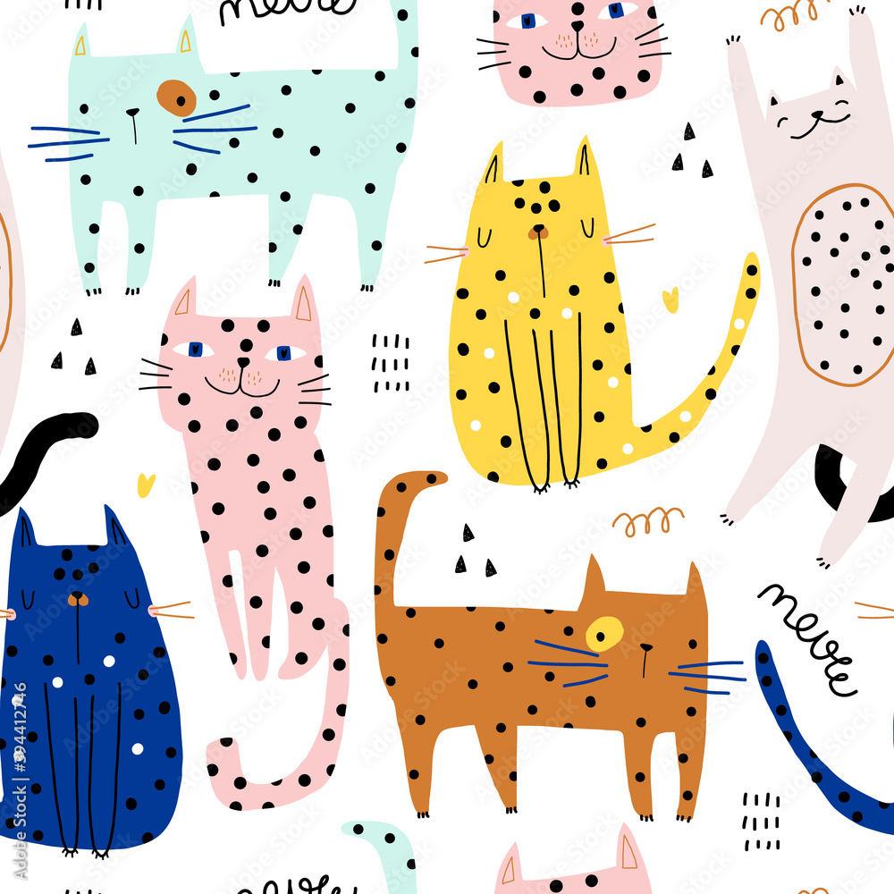 Seamless childish pattern with cute hand drawn polka dot cats. Creative ...
