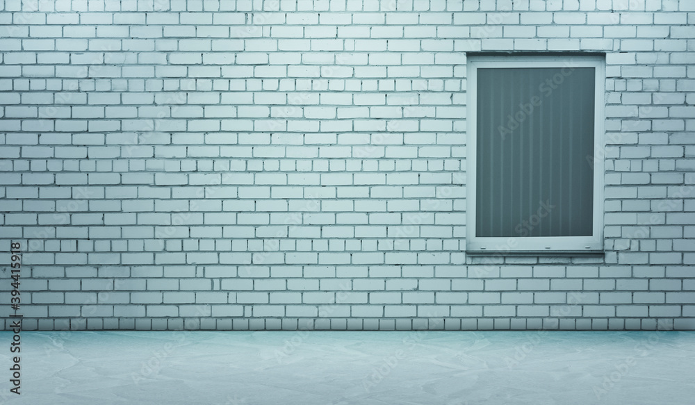 White brick wall with a plastic window. Studio room. Background to ...