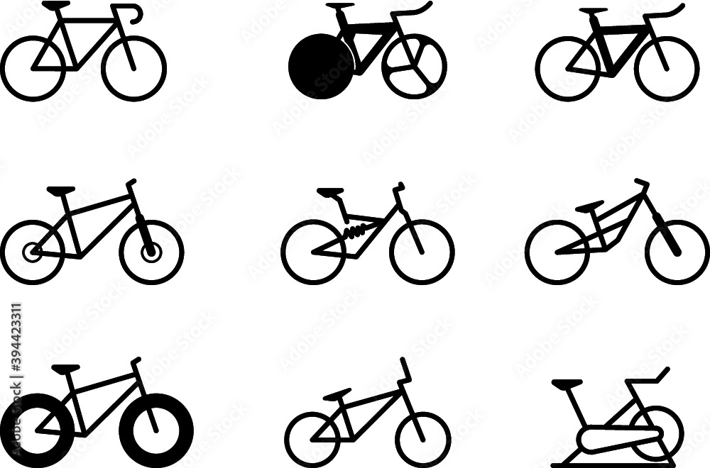 Sport Fahrrad Icon Set, Kontur, Flat Design, schwarzweiß, Vektor Grafik ...