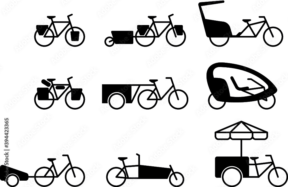 Lasten & Transport Fahrrad Icon Set, Kontur, Flat Design, schwarzweiß ...