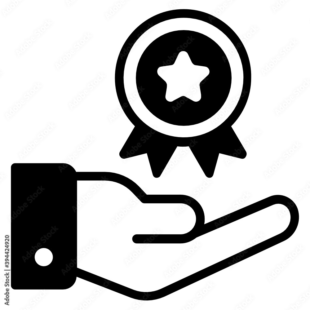 Hand holding badge showing concept of benefits icon Stock Vector ...