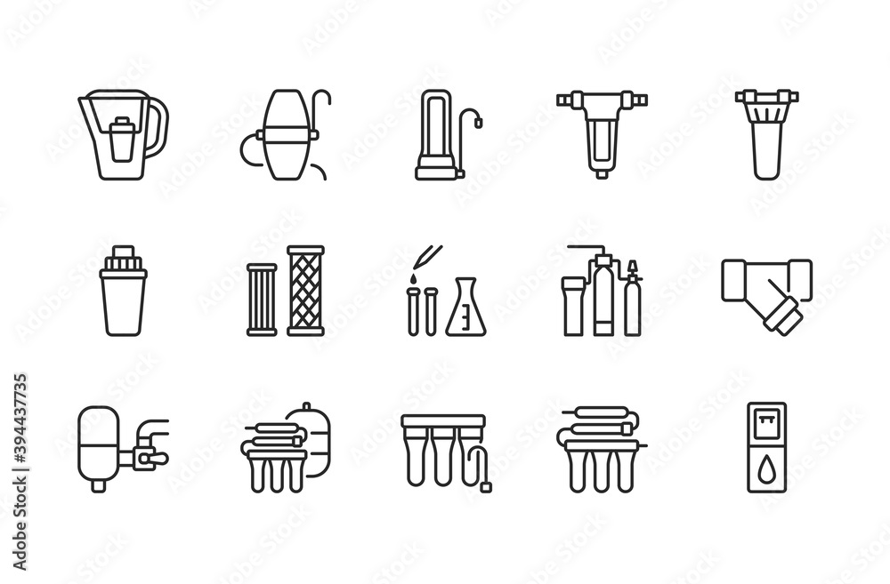 Water filter flat line icon. Vector illustration of different types of ...