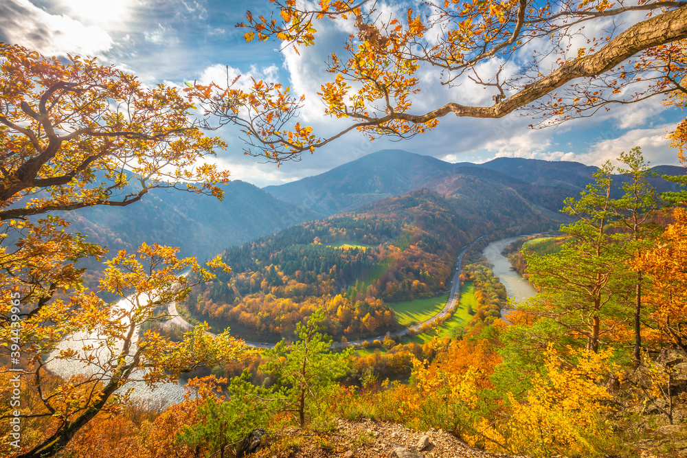 Autumn landscape with meander of a river. The Domasin meander on the ...