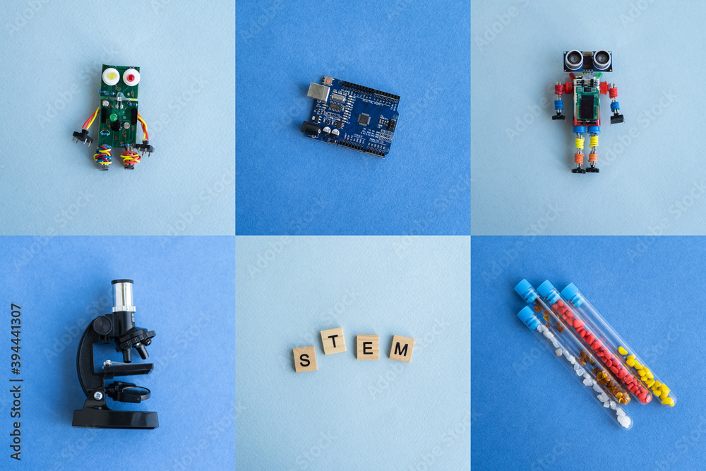 Collage. A metal robot and an electronic board that can be programmed ...