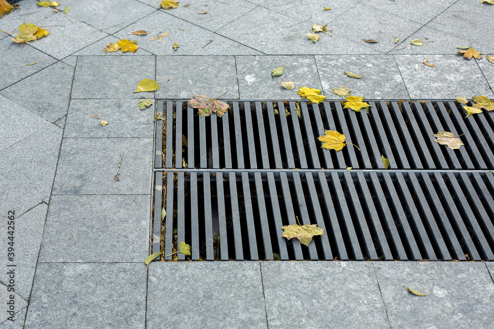 grating of the drainage storm system on the pedestrian park.sidewalk ...