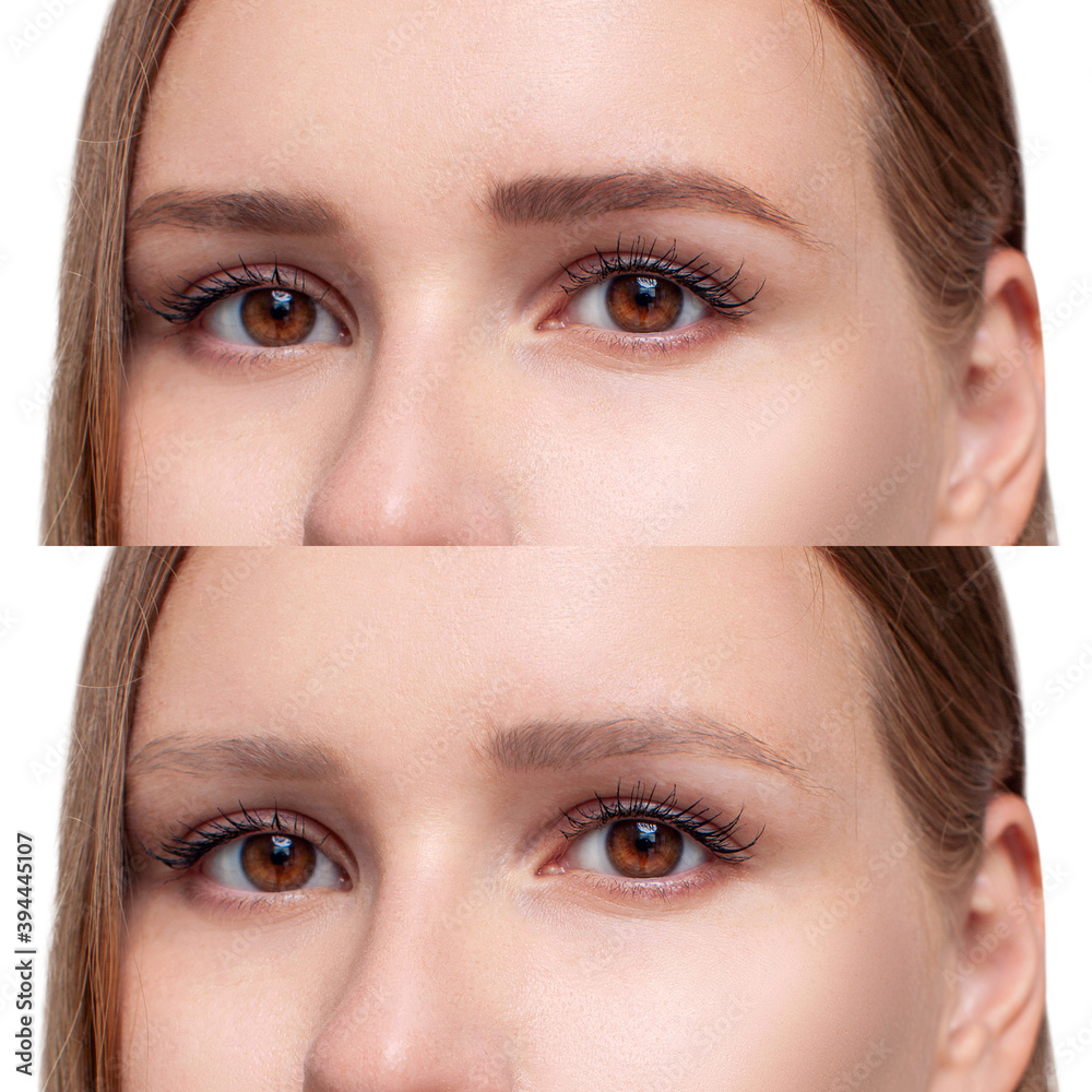 Female eyes before and after eyebrows correction and dying. Stock Photo ...