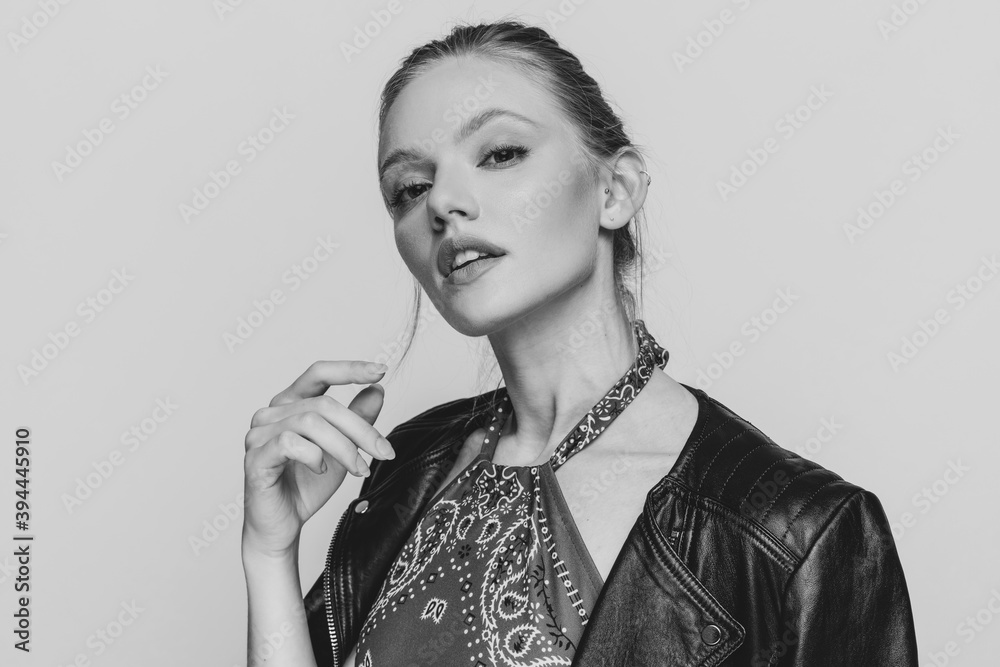 Sexy Hippie Model In Leather Jacket Holding Hand In A Fashion Pose