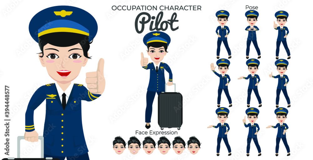 Female Pilot Character Set with Variety of Pose and Face Expression ...
