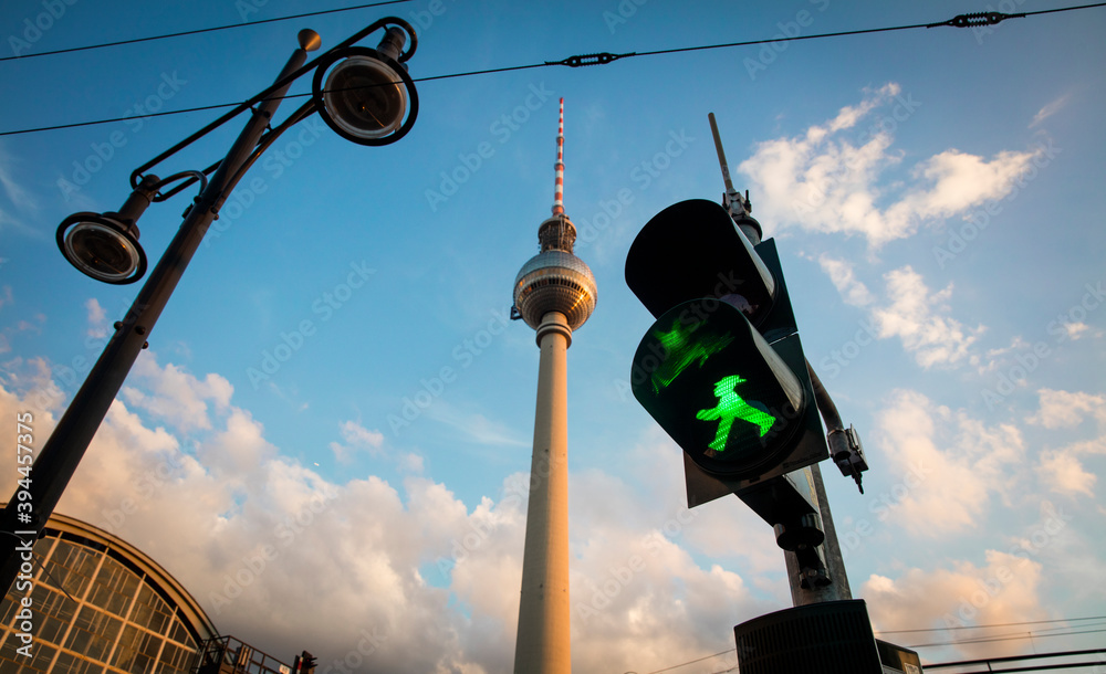 Green Ampelmann (Ampelmännchen) on Berlin Traffic Light with Berlin TV ...