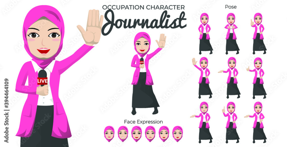 Muslim Journalist Character Set with Variety of Pose and Face ...