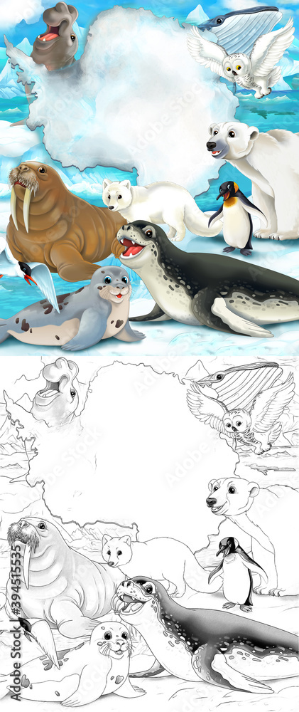 cartoon scene with wild swimming animals and mammals in polar ...