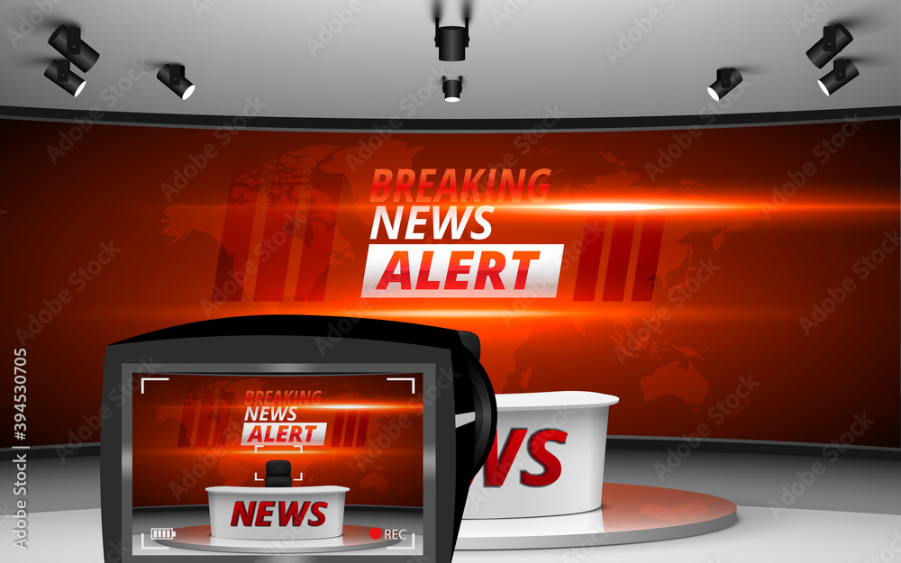 camera and white table on breaking news alert in led screen background ...