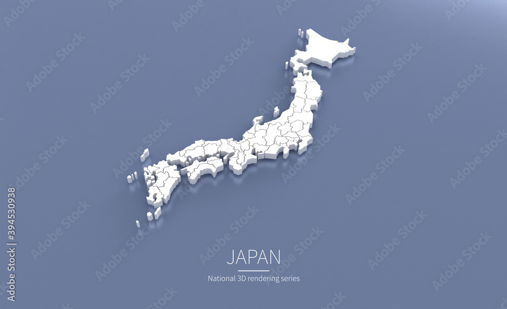 Japan Map 3d. National map 3D rendering set in Asia continent. Stock ...