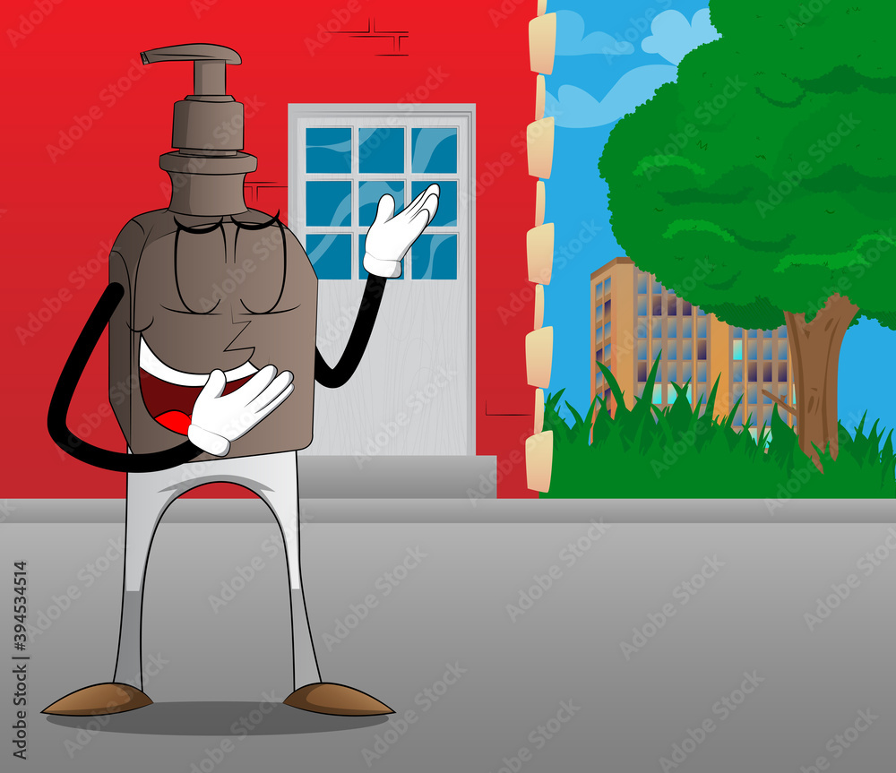 Cartoon bottle of hand sanitizer gel for hygiene with face showing ...