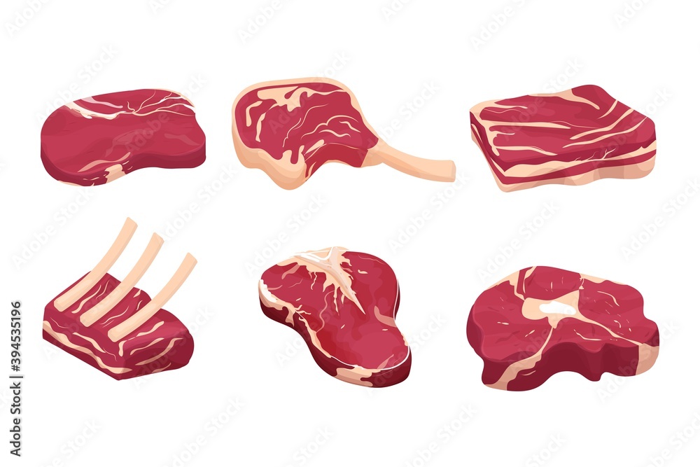 Set difference pieces, slice raw meat, steak isolated on white ...