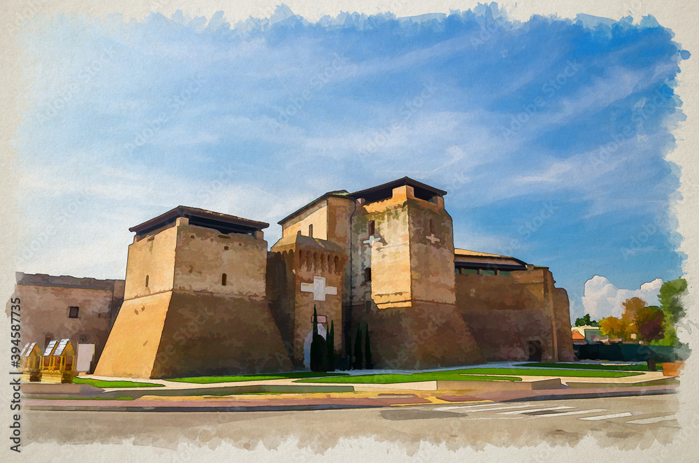 Watercolor drawing of Castel Sismondo brick castle with tower on Piazza ...