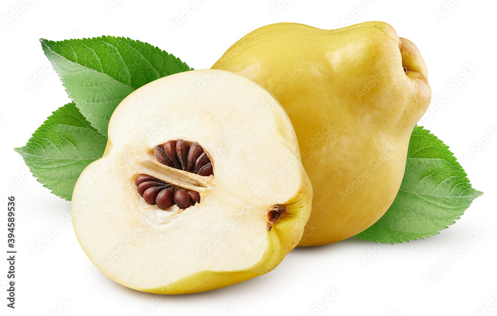 Ripe quince with green leaves isolated on white background. Quince with ...