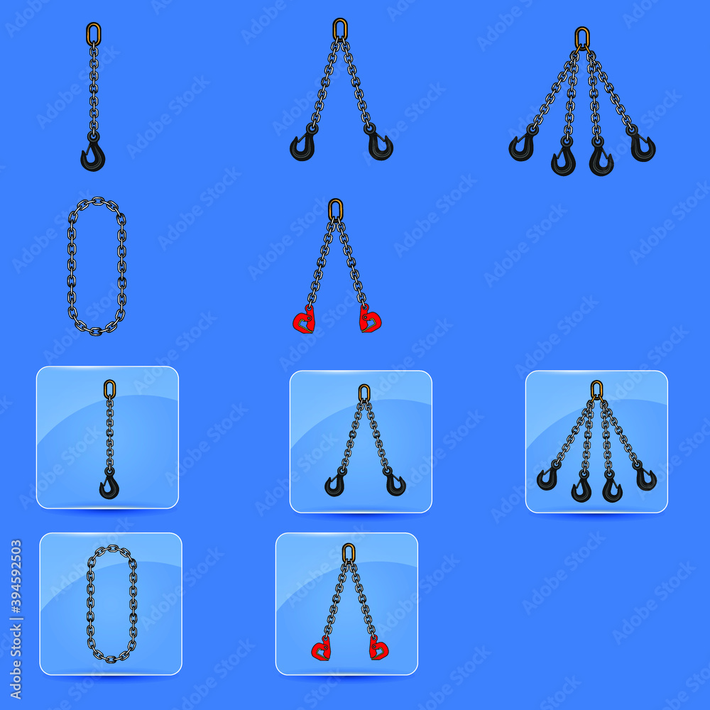 Chain slings set, and glass buttons with chain slings icon Stock Vector ...
